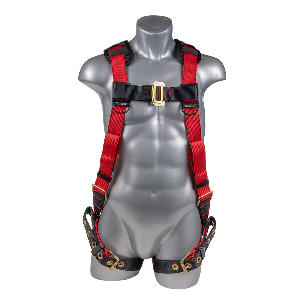 Red top, black bottom. Full body harness with 5 point adjustment, dors
